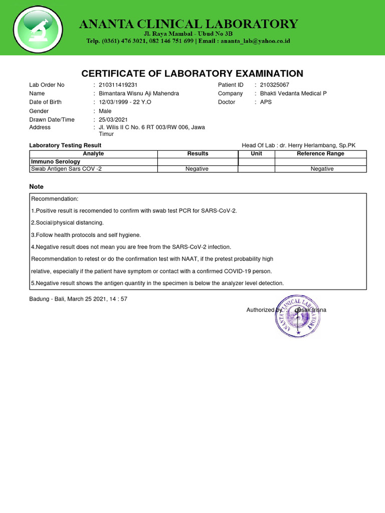 Certificate of Laboratory Examination: Laboratory Testing Result ...
