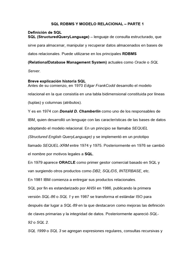 SQL Rdbms y Modelo Relacional | PDF | SQL | Base de datos relacional