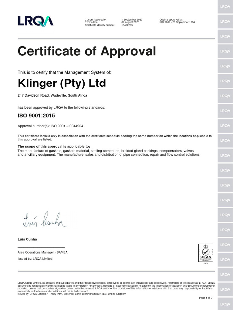 KLINGER South Africa ISO9001 2015 Certification | PDF