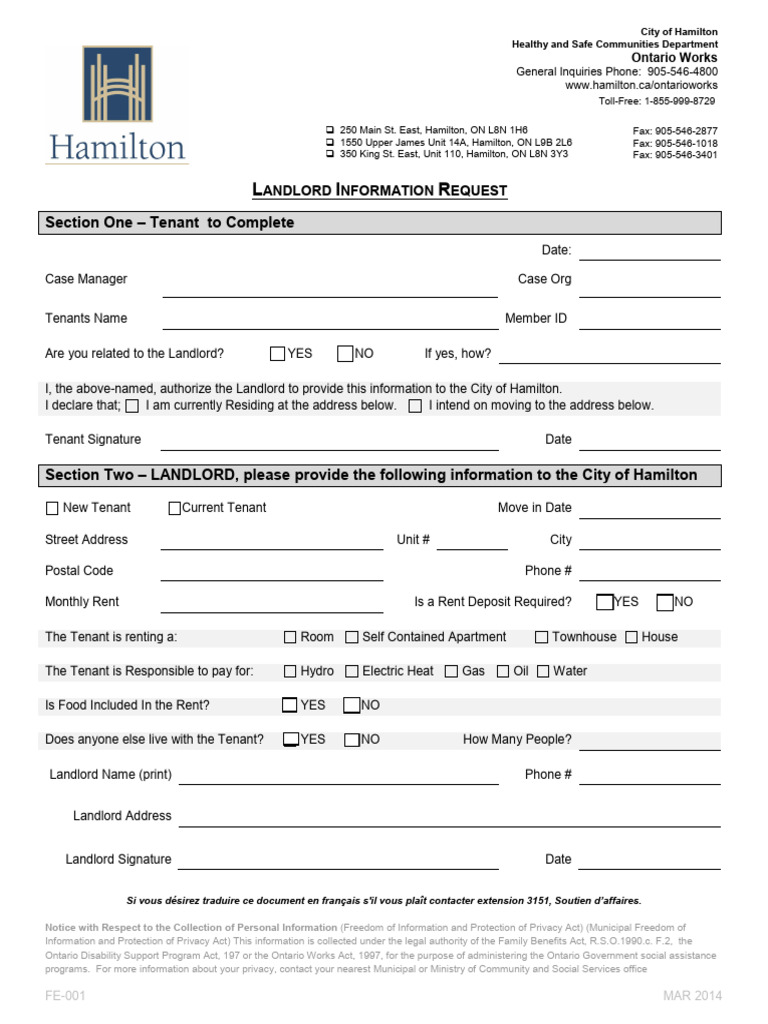 Ontario Works Landlord Information Form | PDF | Landlord | Urban
