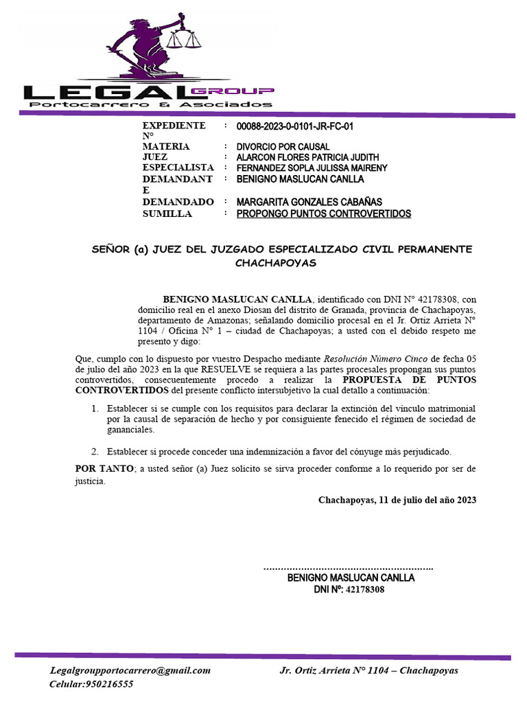 Escrito de Fijacion de Puntos Controvertidos | PDF