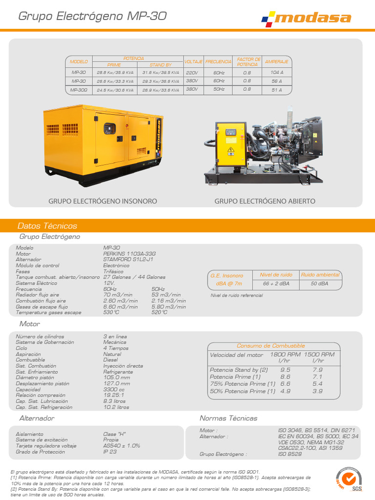 Grupo Electrógeno MP-30: Especificaciones Técnicas | PDF