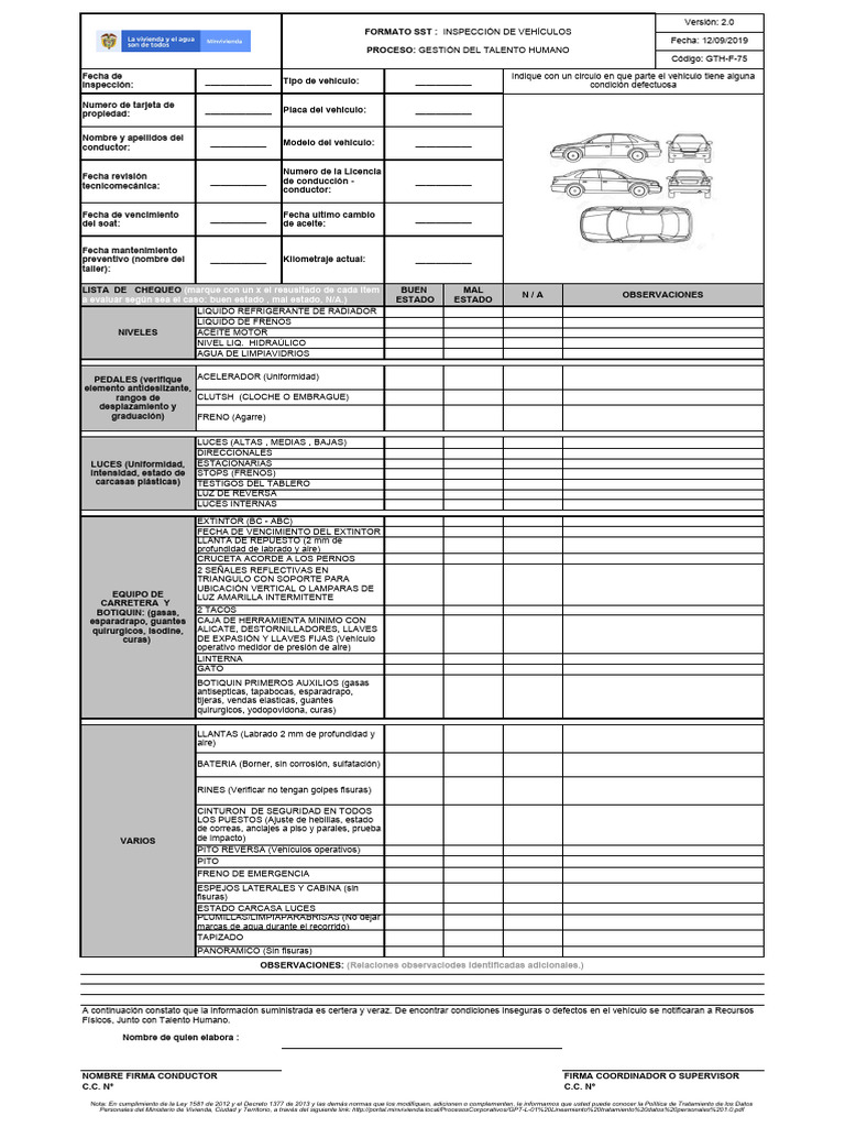 Gth-f-75 Formato SST - Formato Inspeccion de Vehiculo 2.0 | PDF Gth-f-75 Formato SST - Formato Inspeccion de Vehiculo 2.0 | PDF