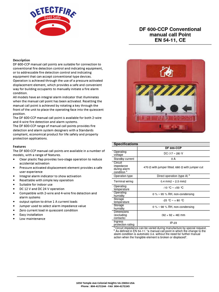 DF 600-CCP Conventional Manual Call Point EN 54-11, CE: Description | PDF | Electronic ...