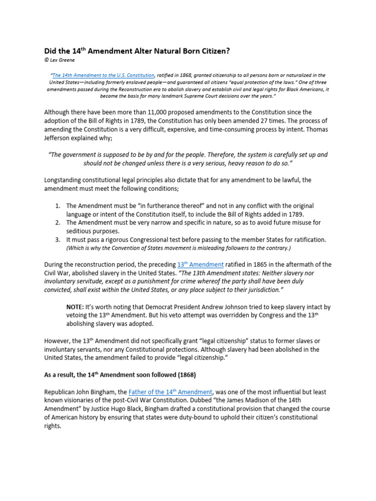 Did The 14th Amendment Alter Natural Born Citizen | PDF | Thirteenth ...