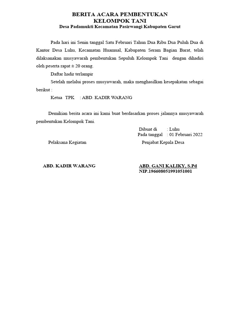 Berita Acara Pembentukan Kelompok Tani Blanko1 | PDF