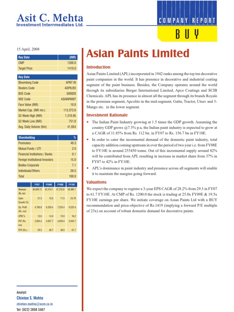 Asian Paints Coverage Report 2008 | PDF | Business