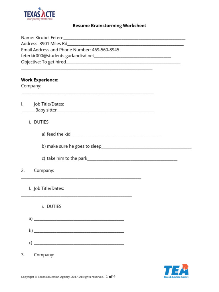 Lesson Plan Resume Writing IT Resume Brainstorming Worksheet | PDF ...