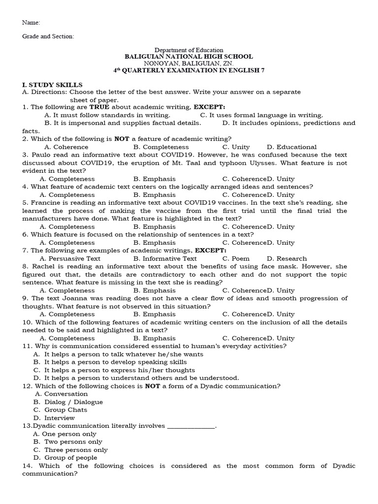 Eng7 4thQ Exam | PDF