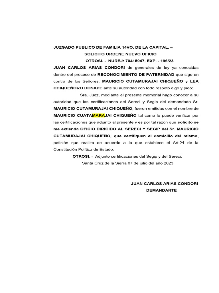 Presenta Certificaciones Segip y Sereci Juan Carlos Arias Condori | PDF
