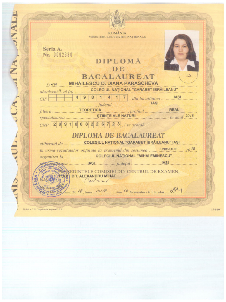01 - Mihailescu Diana-Parascheva - Diploma BAC | PDF