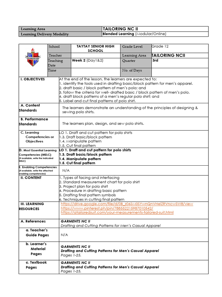 Le Tailoring w2 Day 1 2 3rd Quarter | PDF | Clothing | Sewing