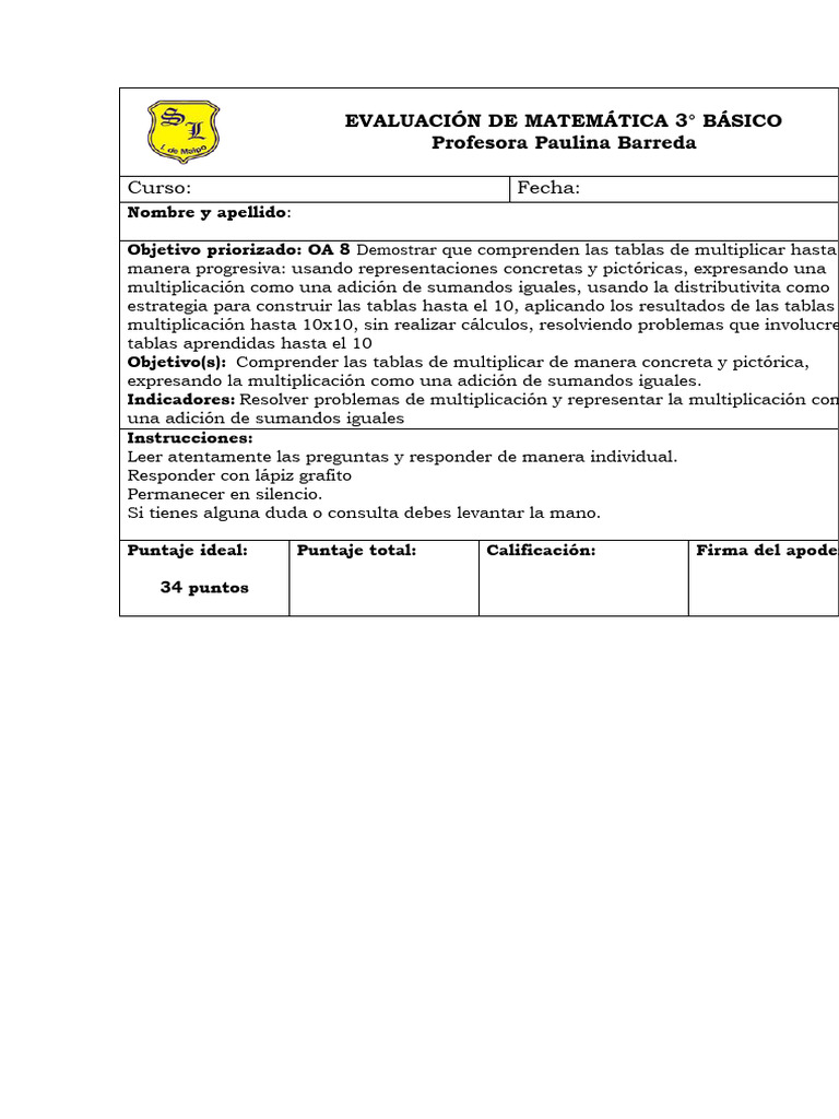 Prueba de Matemática 3 Básico | PDF