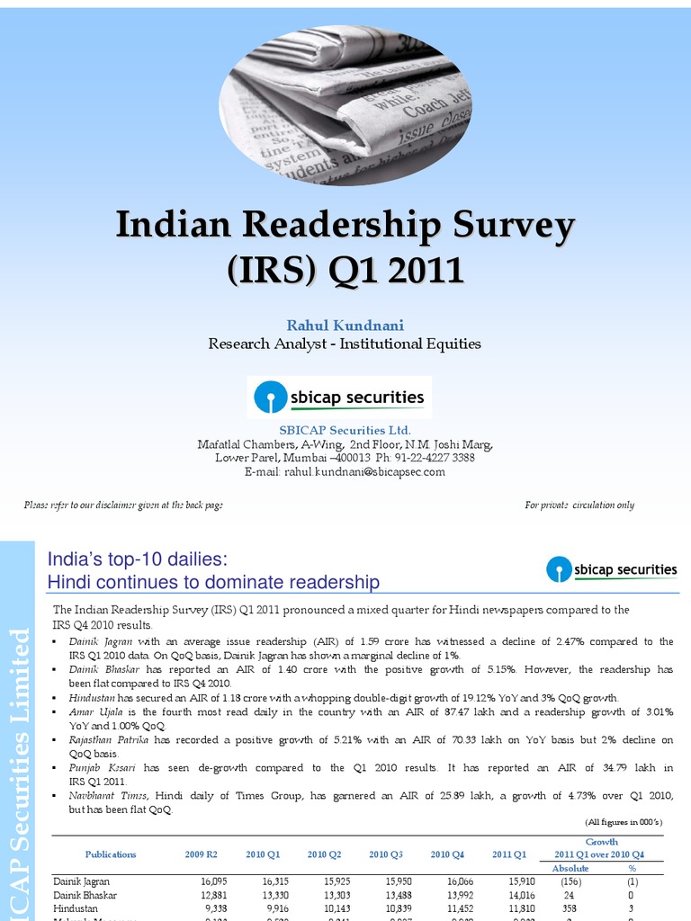 Indian Readership Survey (IRS) Q1 2011 | PDF | Investment Banking ...