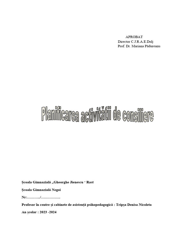 Plan de Activitate Consiliere Scolară 2023- 2024 | PDF