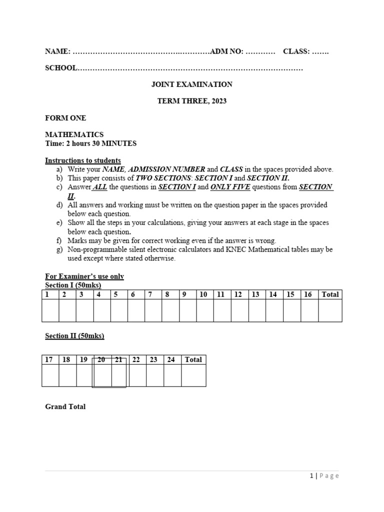 Form 1 2023 End T3 Mathematics QS - Teacher - Co - .Ke - Set - A | PDF ...