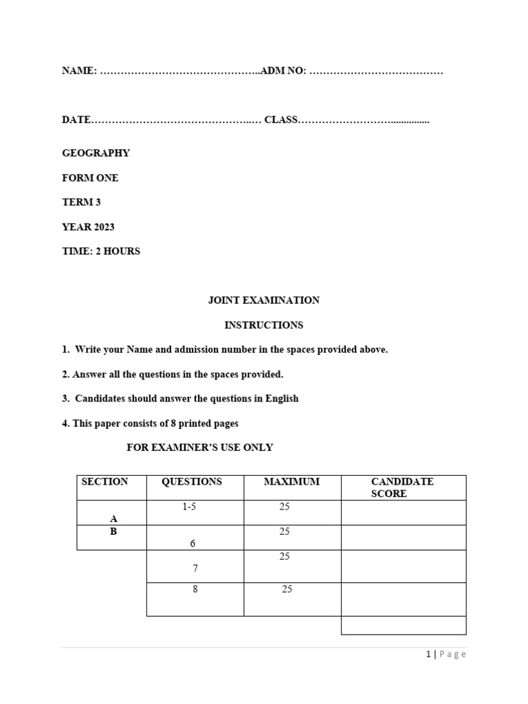 FORM-1-2023-END-T3-GEOGRAPHY-QS_TEACHER.CO_.KE_SET_A (1) | PDF