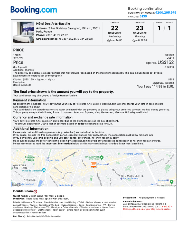 Price US$152: Booking Confirmation | PDF | Payments | Visa Inc.