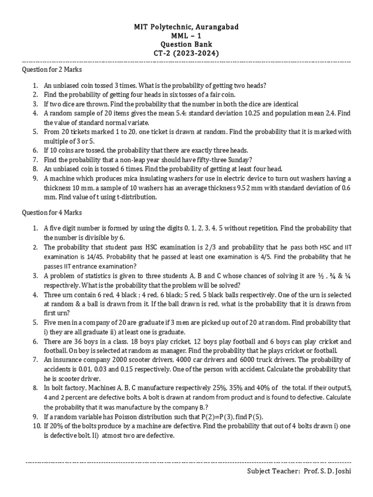 MIT Question Bank for CT-2 (2023-24) | PDF | Statistical Theory ...
