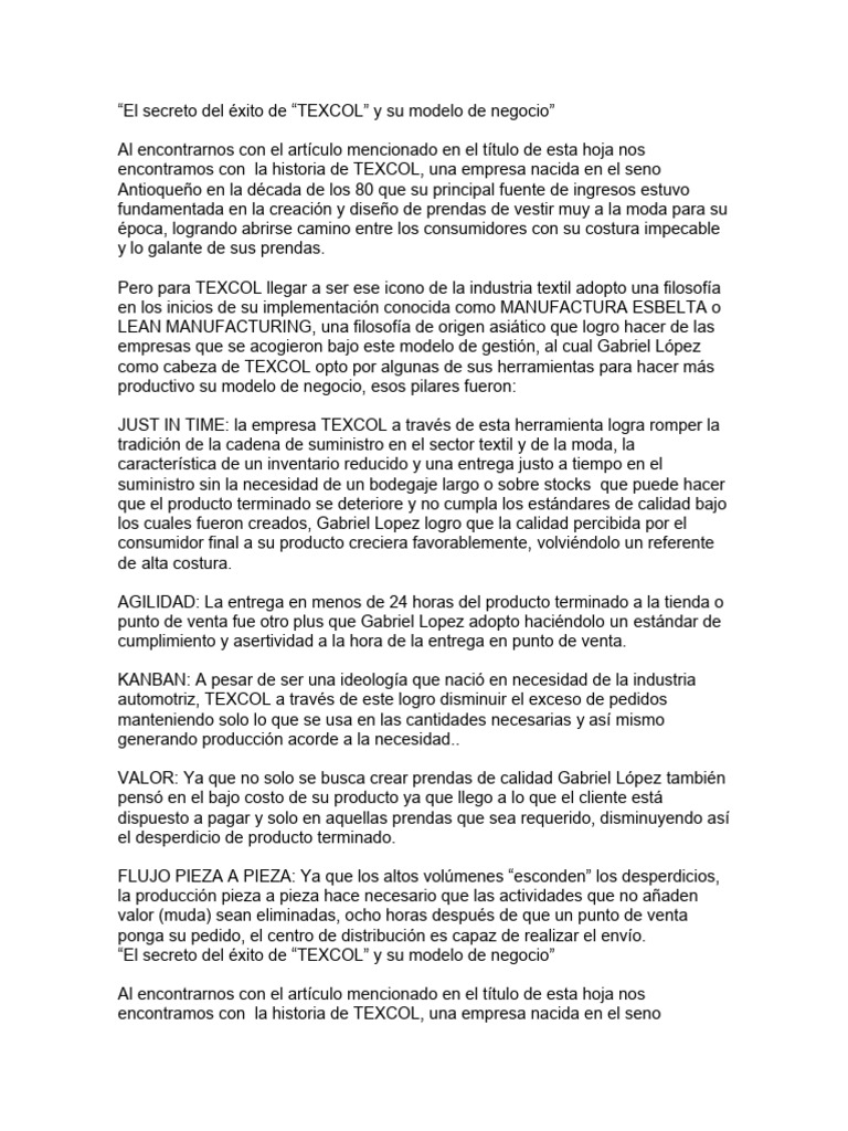 “El secreto del éxito de “TEXCOL” y su modelo de negocio” | PDF | Lean ...