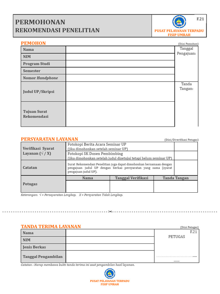 21.a. Form Permohonan Rekomendasi Penelitian | PDF