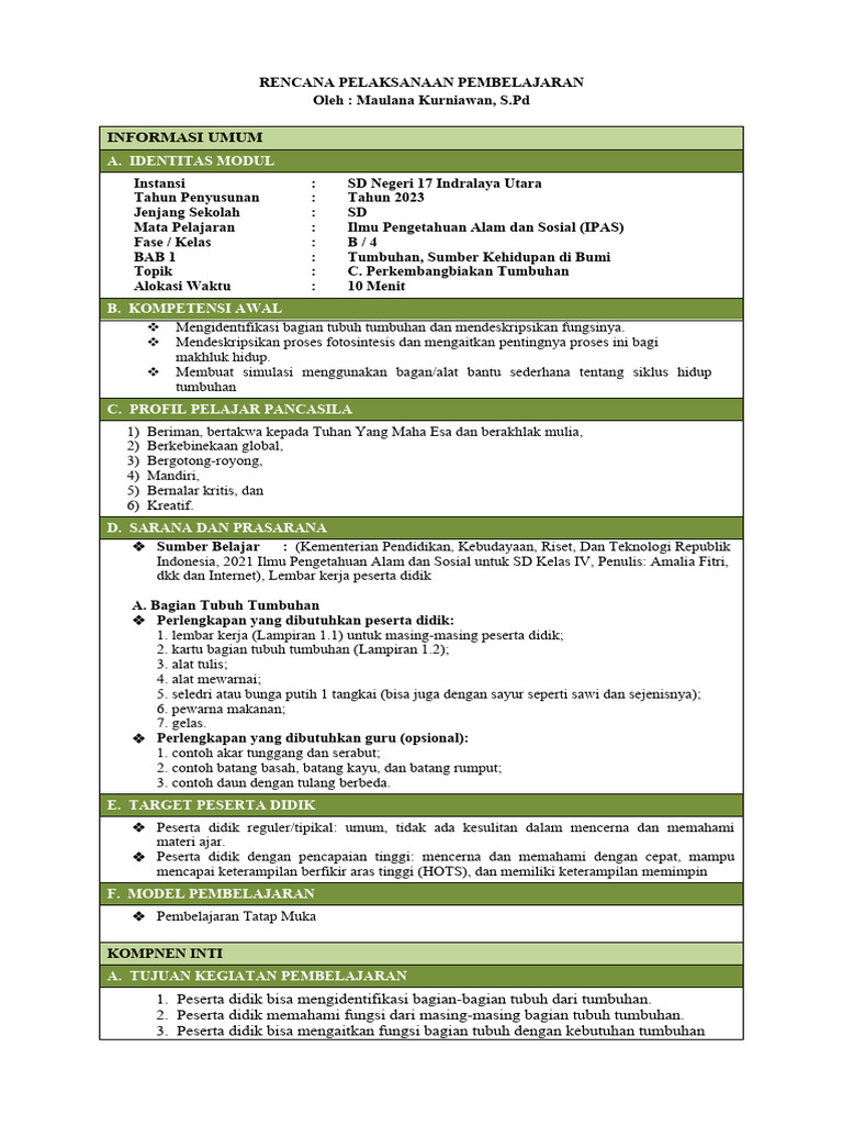 Rpp Cpg Ipas Kls 4 Topik A | PDF