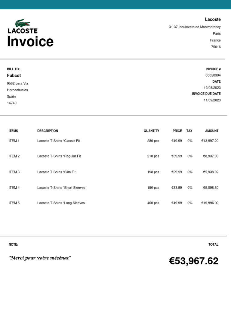 Invoice #00050304 Lacoste | PDF