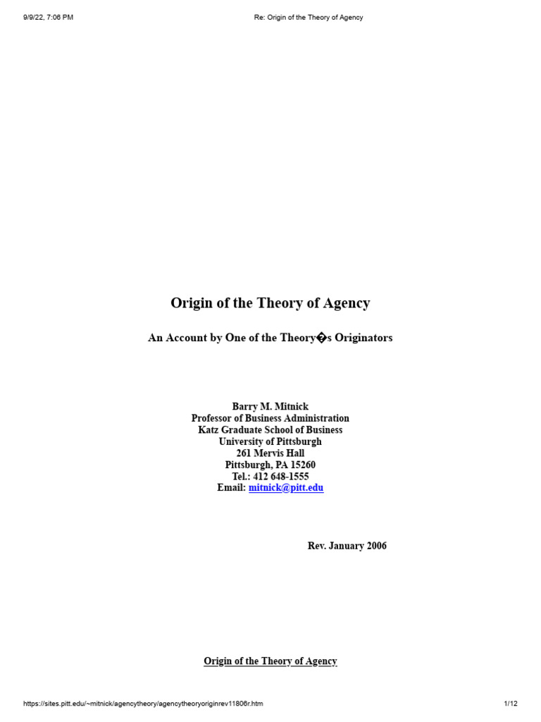 Origin of Agency Theory Explained | PDF | Theory | Economics
