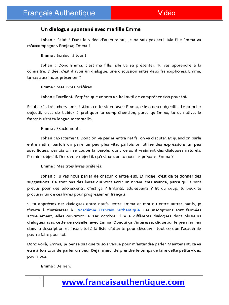 Dialogue en français : Emma et ses livres | PDF