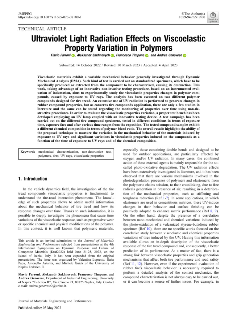 Ultraviolet Light Radiation Effects On Viscoelastic Property Variation ...