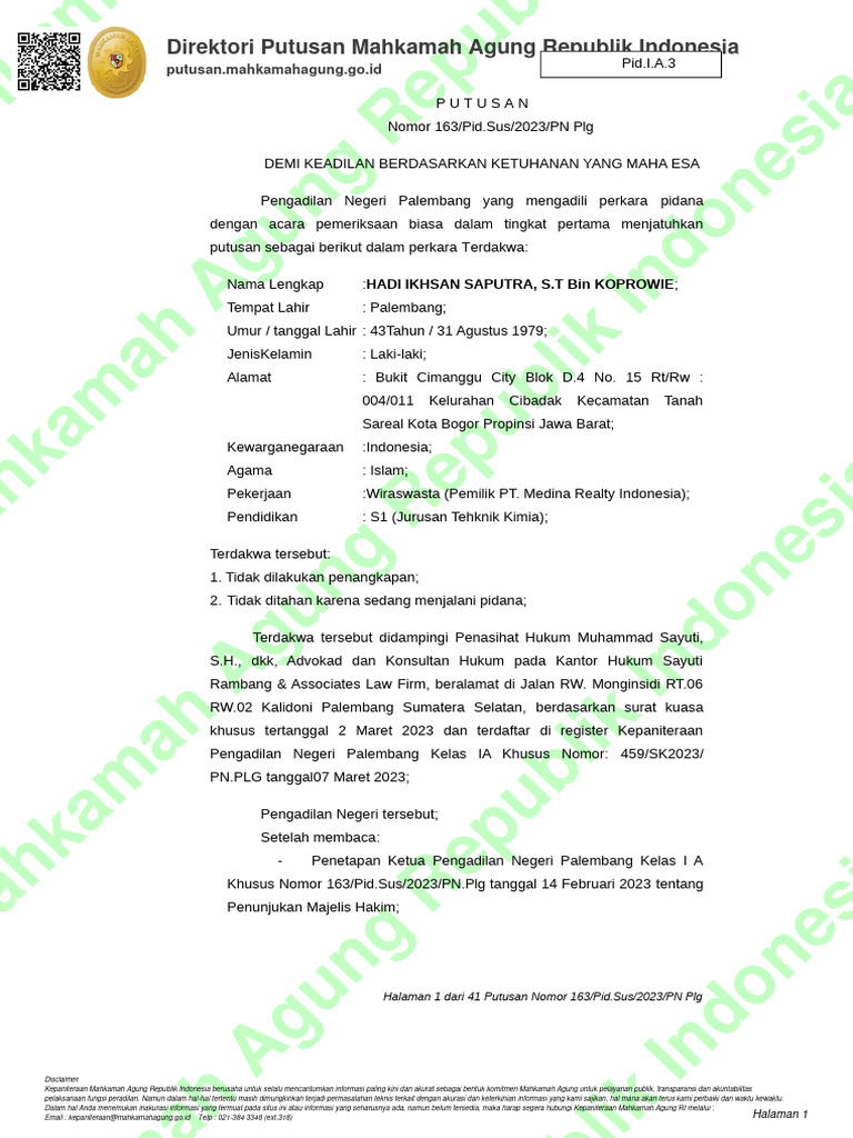 Putusan 163 Pid - Sus 2023 PN PLG 20230908153651 | PDF