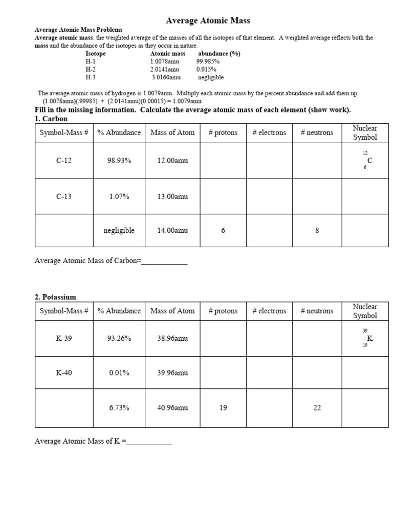 Average Atomic Mass Problems (Mazz 9-2018) - 1 | PDF | Atoms | Isotope