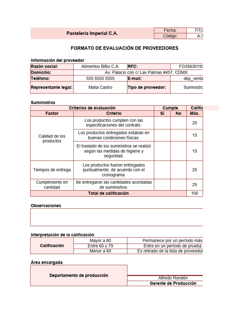 Ejemplo Evaluacion de Proveedores | PDF