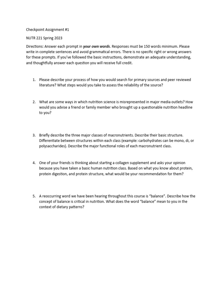 NUTR 221 Checkpoint Assignment #1 | PDF