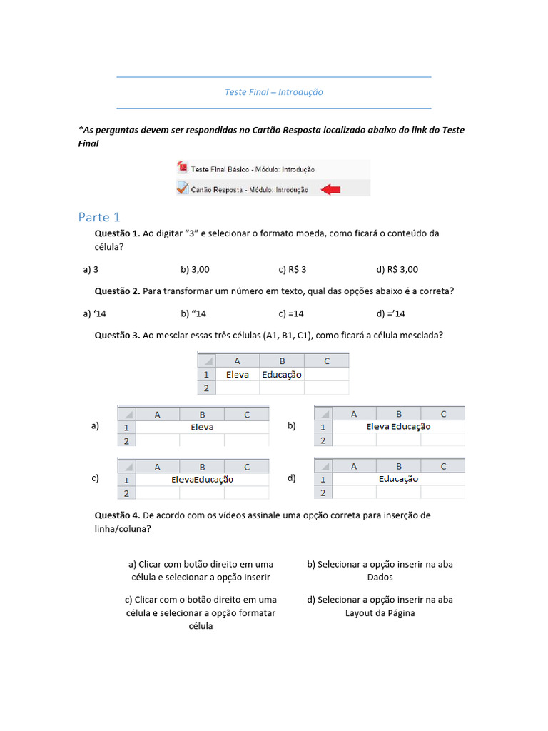 Teste Excel Básico - Introdução | PDF | Informática