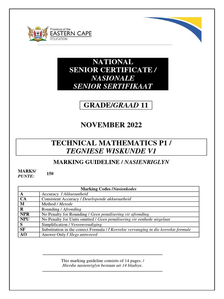 TECHNICAL MATH P1 GR11 MEMO NOV2022 - Afrikaans+English | PDF | Mathematical Concepts | Numbers