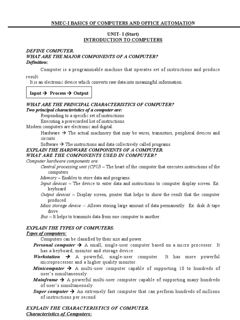 Nmec-I Basics of Computers and Office Automation UNIT-I (Start) Introduction To Computers | PDF ...
