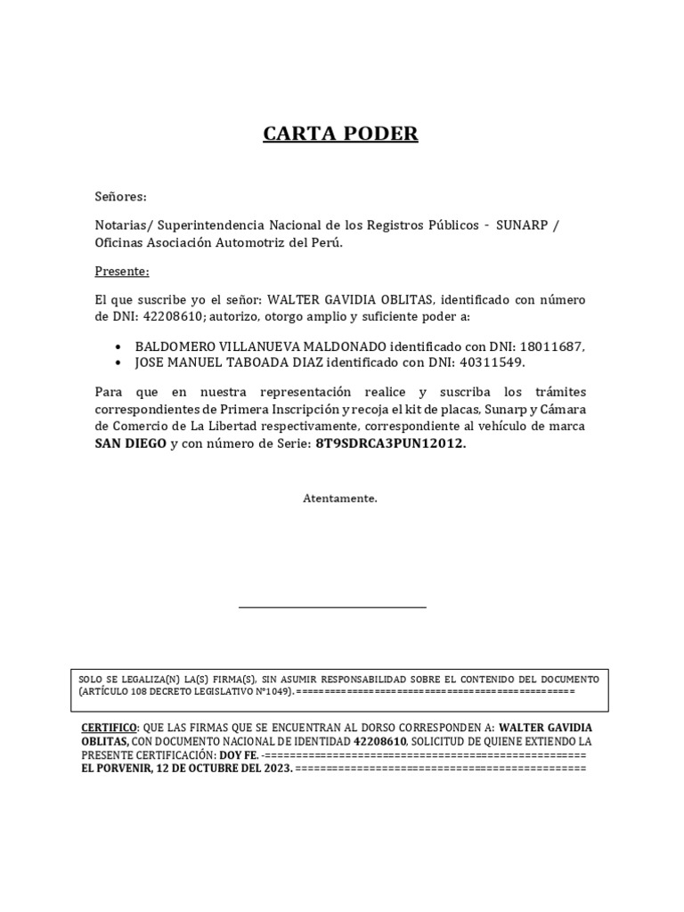 Carta Poder - Walter Gavidia 1 | PDF
