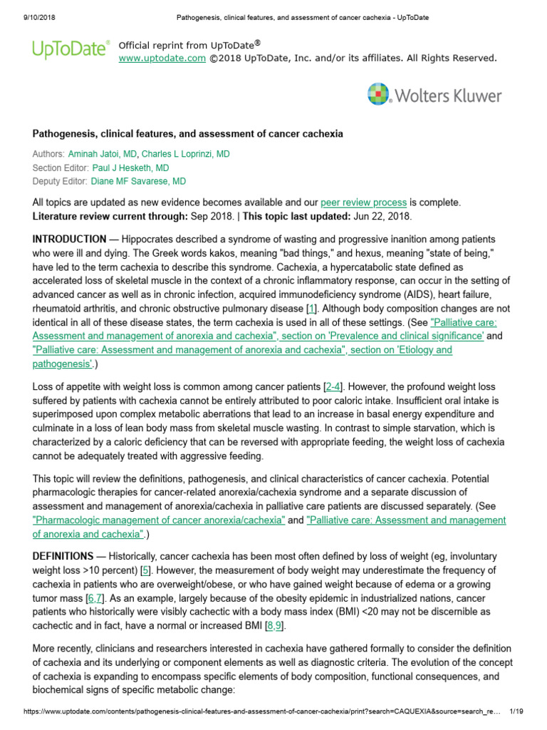 Pathogenesis, Clinical Features, and Assessment of Cancer Cachexia ...