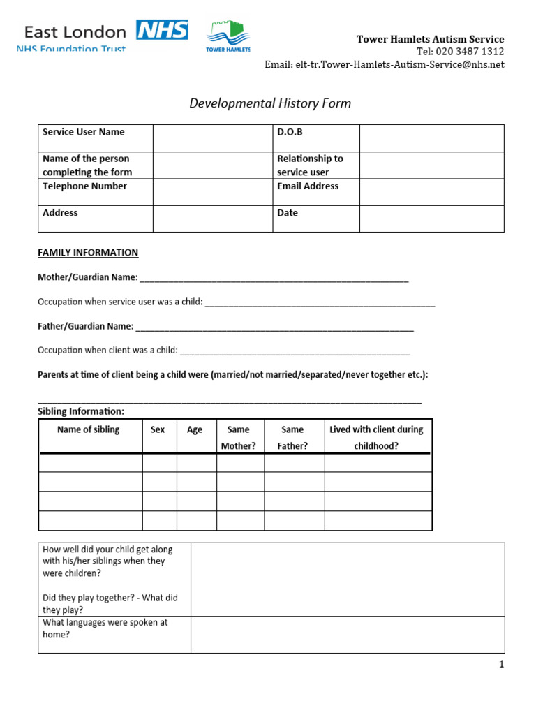 Developmental History Questionnaire for Autism | PDF | Mental Disorder ...