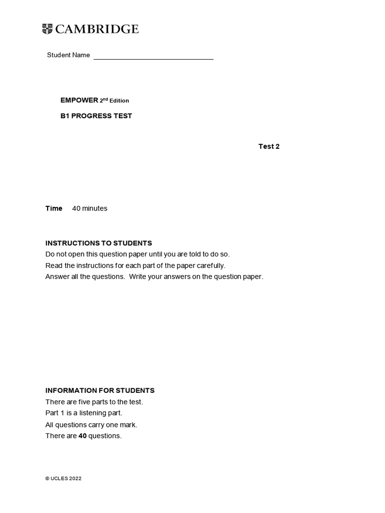 Empower Second Edition B1 Unit Progress Test 2 - Version A | PDF