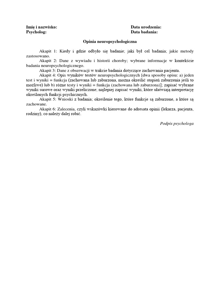 Wzór Opinii Neuropsychologicznej | PDF