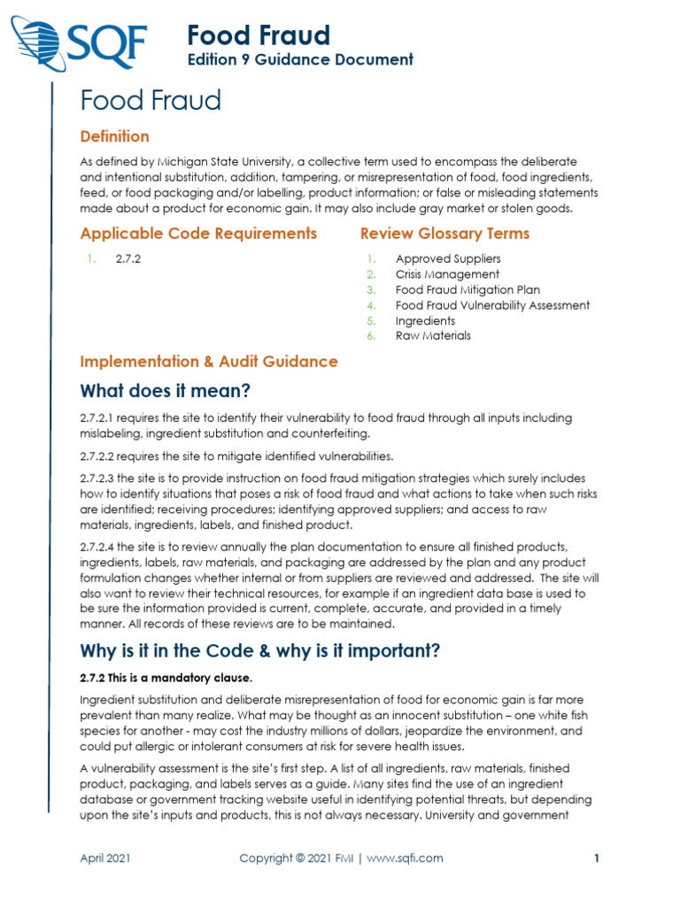 Food Fraud Guidance Document | PDF