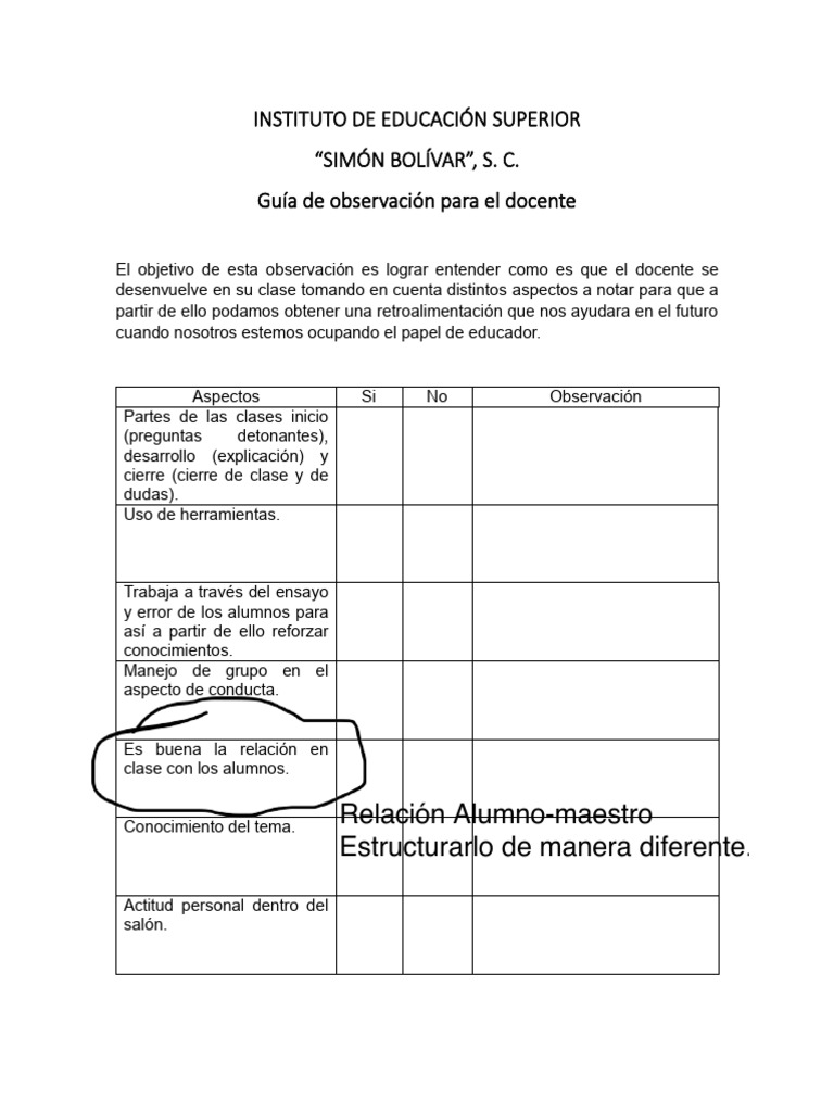 Guía De Observación Docente Pdf