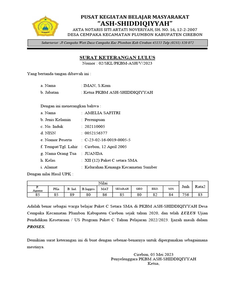 Surat Keterangan Lulus PKBM | PDF