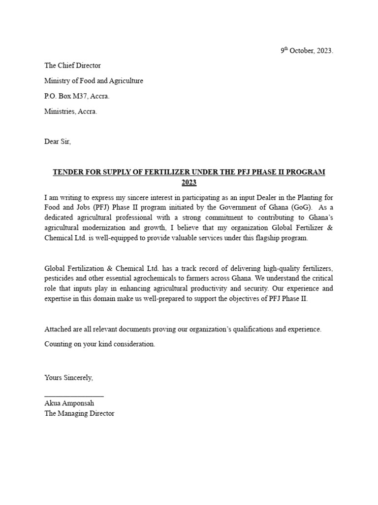 Tender Cover Letter - Supply of Fertilizer Under The PFJ Phase II 2023 | PDF