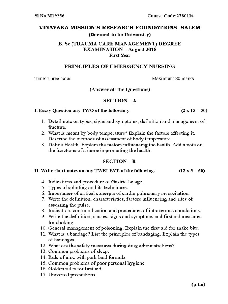 Principles of Emergency Nursing Exam | PDF | First Aid | Nursing