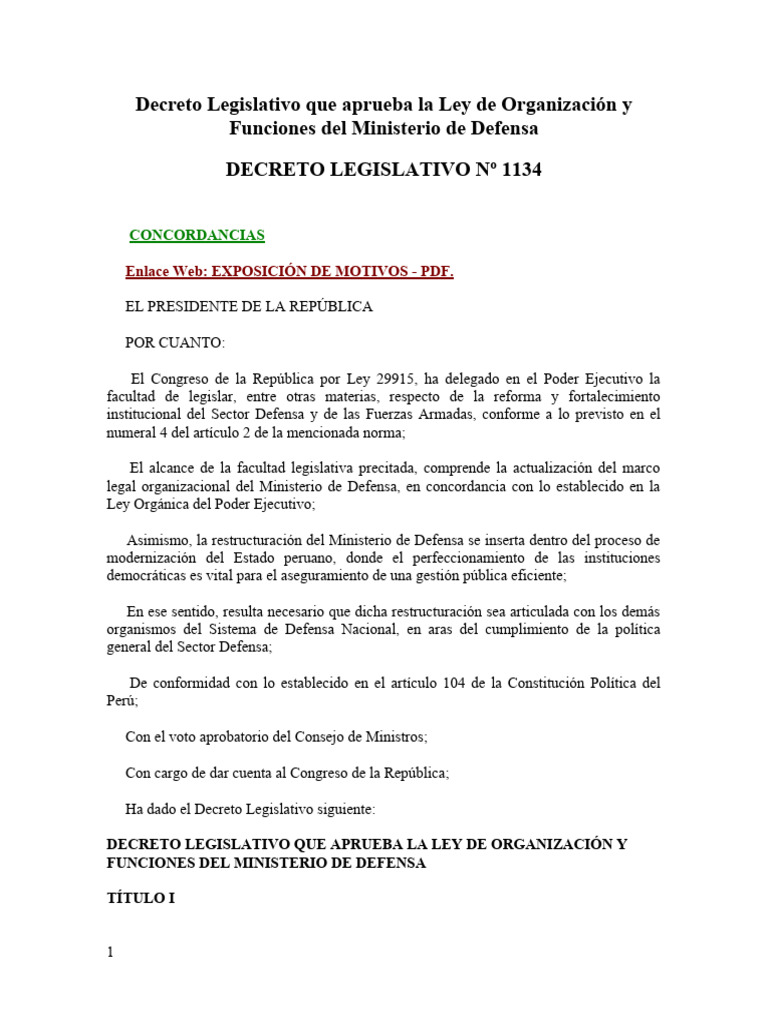 DECRETO LEGISLATIVO #1134 - Ley de Organización y Funciones Del Ministerio de Defensa | PDF ...