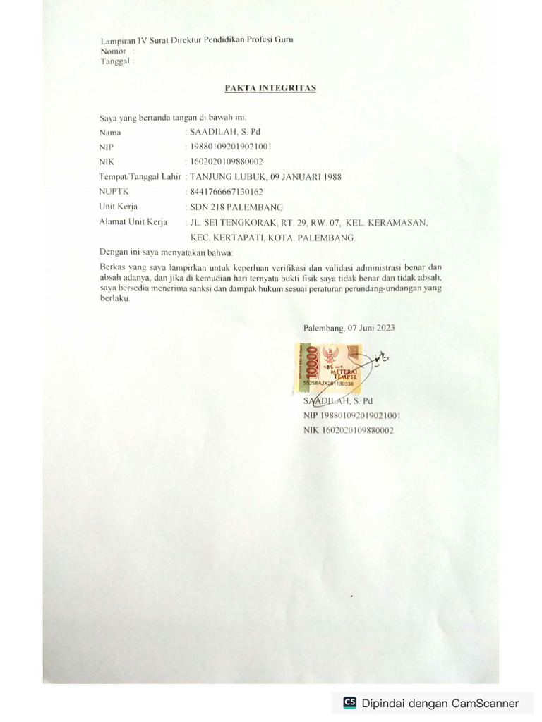 Contoh Pakta Integritas-Ppg Daljam | PDF