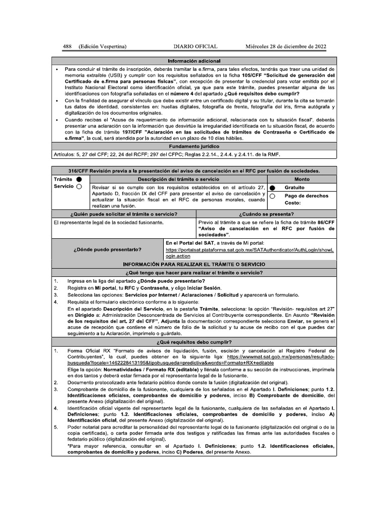 Ficha de Tramite 316-CFF Cancelación RFC Por Fusión en Línea | PDF